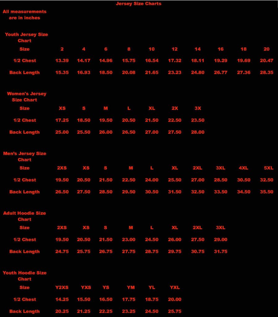 Jersey Size Charts
